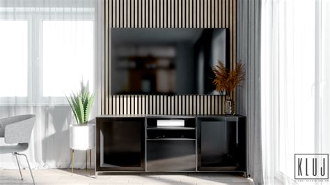 Salon Z Telewizorem Zamontowanym Na Lamelu Drewnianym Salon Aboutdecor
