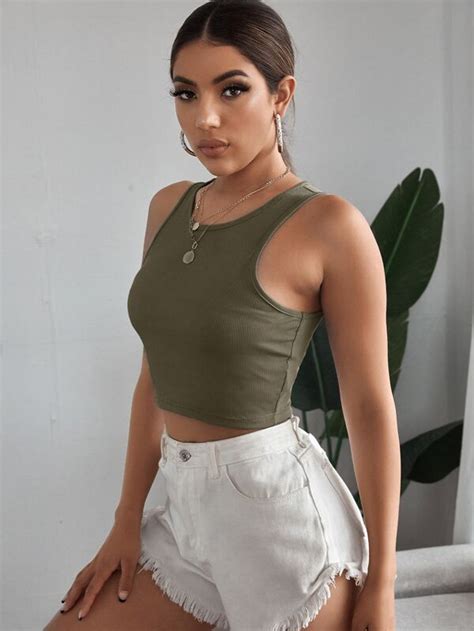 SHEIN EZwear Solid Rib Knit Crop Tank Top SHEIN USA