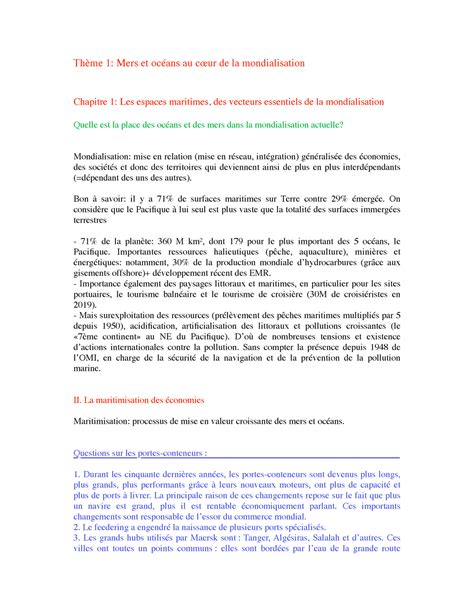 Géographie terminale Thème 1 Mers et océans au cœur de la