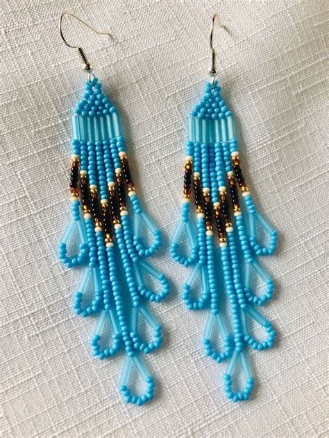 Turquoise Native American Beaded Earrings Brown Fringe Chandelier