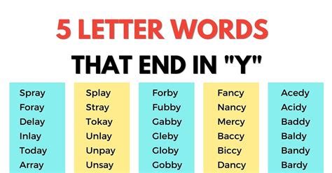 1500 Common 5 Letter Words Ending In Y In English 7ESL