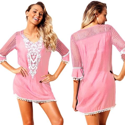 Women Crochet Chiffon Tassel Swimsuit Bikini Pom Pom Trim Cover Up