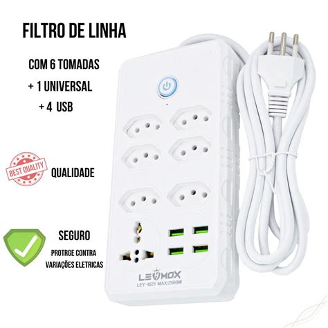 Régua Filtro de Linha 7 Tomadas Extensão Elétrica 1 Universal 4 USB
