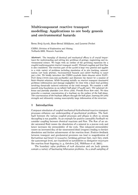 pdf multicomponent reactive transport modelling applications to ore body genesis and