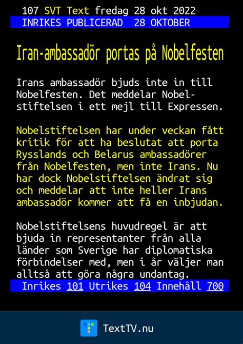 Iran ambassadör portas på Nobelfesten SVT Text TV