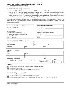 Ausfüllbar Online Antrag auf Erteilung einer Erlaubnis nach 29 StVO Fax