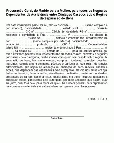 Referência de Procuração Geral do Marido para a Mulher para todos os