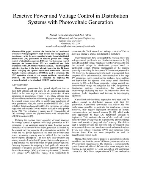 pdf reactive power and voltage control in distribution systems with photovoltaic generation