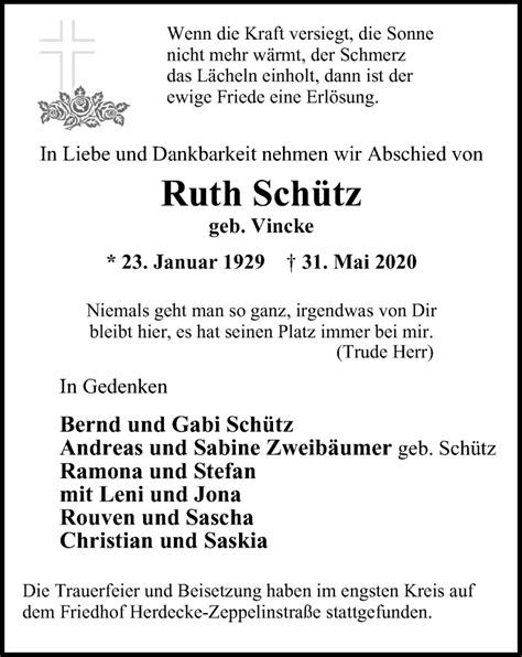 Traueranzeigen von Ruth Schütz Trauer in NRW de