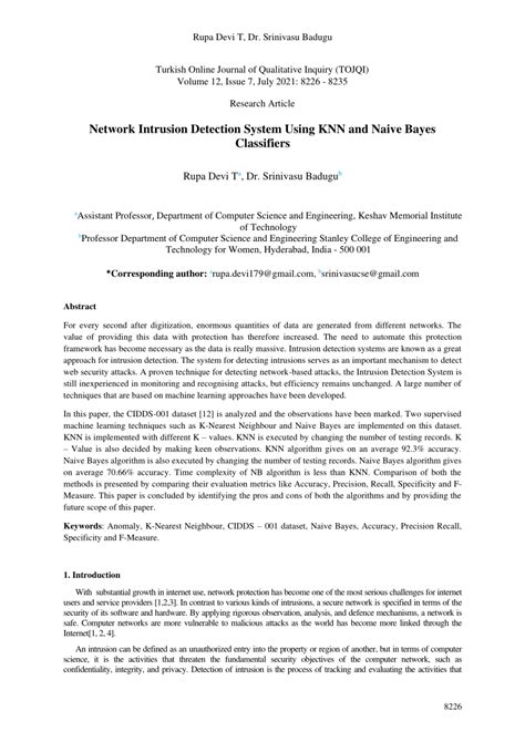 pdf network intrusion detection system using knn and naive bayes classifiers