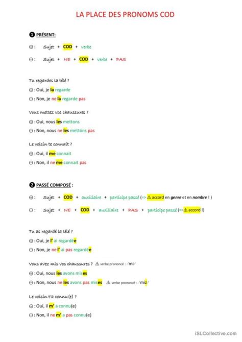 Pronoms Cod Fran Ais Fle Fiches Pedagogiques Pdf Doc
