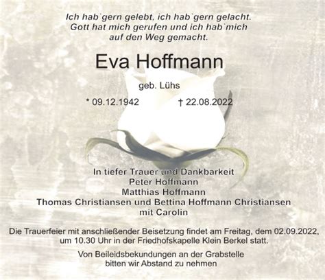 Traueranzeigen Von Eva Hoffmann Trauerportal Ihrer Tageszeitung