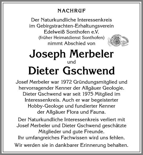 Traueranzeigen von Joseph Merbeler Allgäuer Zeitung