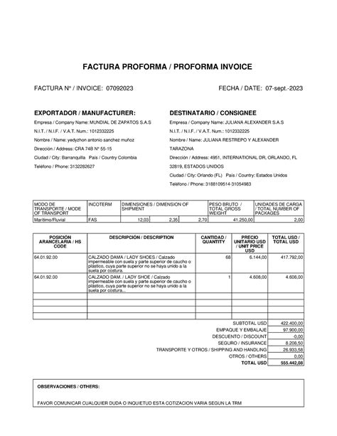 Cotizacion FAS Incoterms FACTURA PROFORMA PROFORMA INVOICE