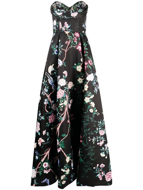 Marchesa Notte Strapless Pleated Floral Print Satin Gown In Black