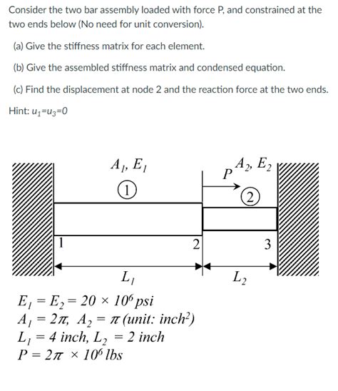 solved consider the two bar assembly loaded with force p and constrained at the two ends below