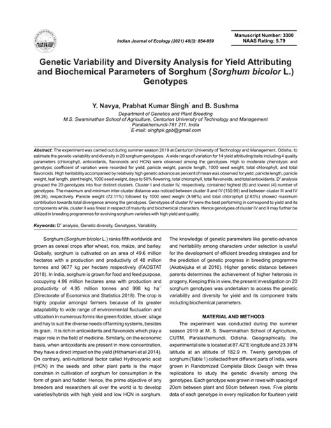 pdf genetic variability and diversity analysis for yield attributing and biochemical