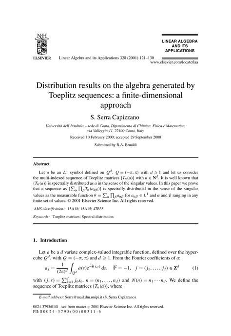 pdf distribution results on the algebra generated by toeplitz sequences a finite dimensional