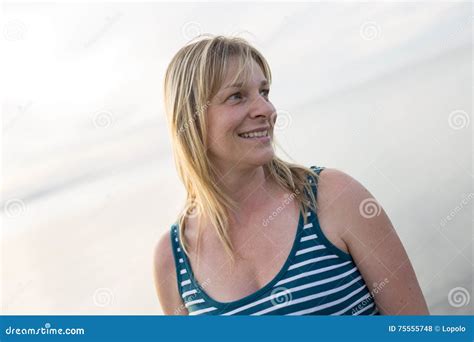 Portrait Of A Beautiful Years Old Woman Outdoor At The Beach Stock