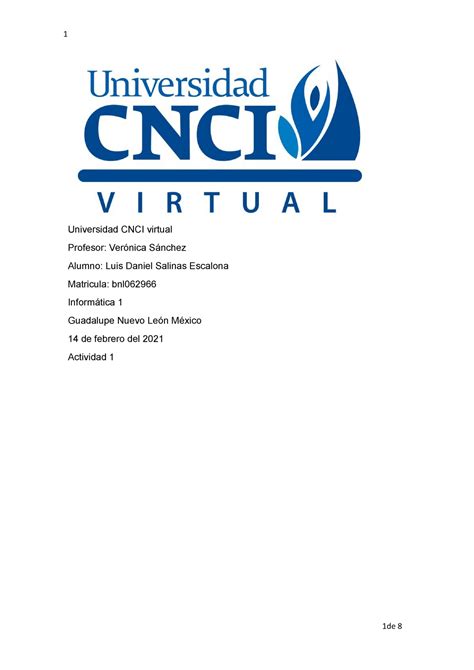 Informatica 1 actividad 1 Universidad CNCI virtual Profesor Verónica