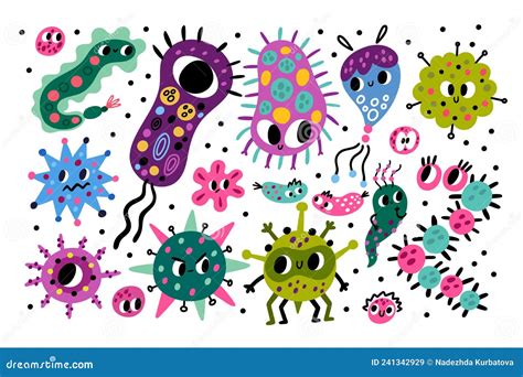 Cute Bacteria Characters Funny Cartoon Germs Color Viruses And
