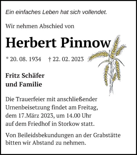 Traueranzeigen Von Herbert Pinnow Trauer Nordkurier