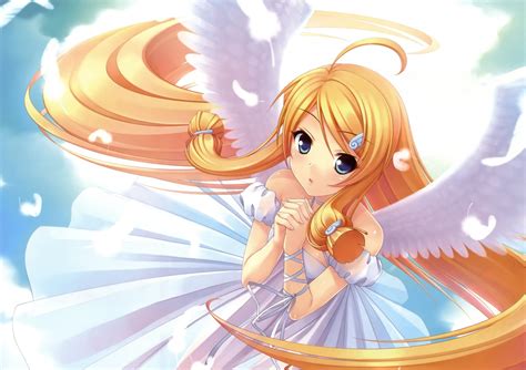 Download Blush Blue Eyes Blonde Long Hair Feather Wings Anime Angel Hd Wallpaper By Sayori