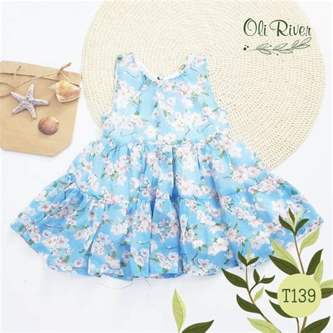 Váy trẻ em 6 tuổi Đầm voan xanh hoa nhí oli river T139 Jadiny