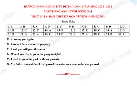 Đề thi đáp án môn tiếng Anh vào lớp 10 tỉnh Đồng Nai năm 2023