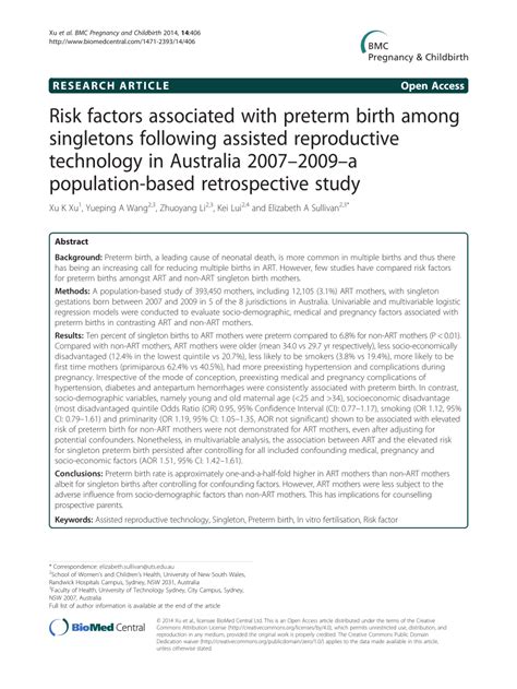 pdf risk factors associated with preterm birth among singletons following assisted