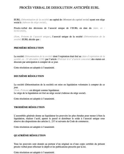 Procès verbal de dissolution dune EURL modèle à télécharger