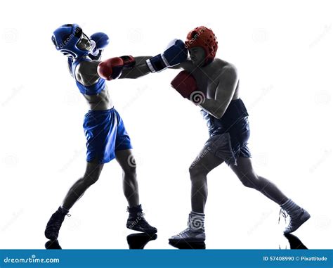 Woman Boxer Boxing Man Kickboxing Silhouette Isolated Stock Photo