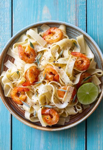 Fettuccine De Pâtes Dans Une Sauce Crémeuse Aux Crevettes Citron Vert