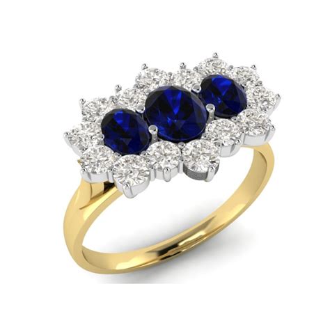 9ct Yellow White Gold Triple Sapphire And Round Brilliant Cut Diamond
