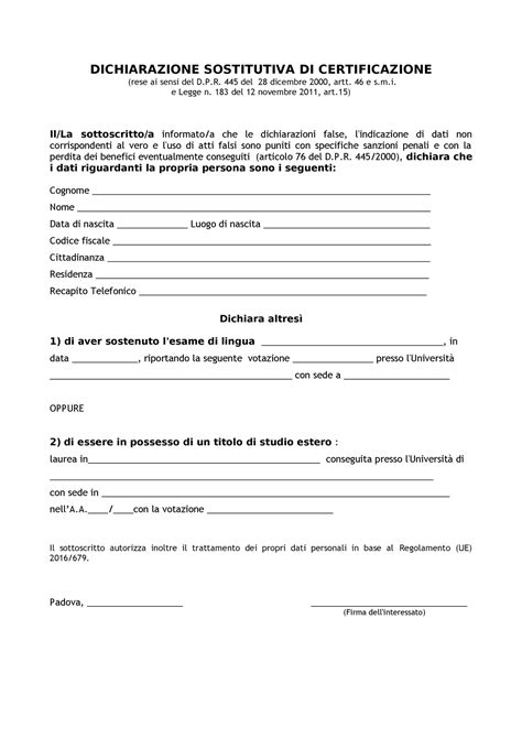 Modulo Autocertificazione Dichiarazione Sostitutiva Di Certificazione