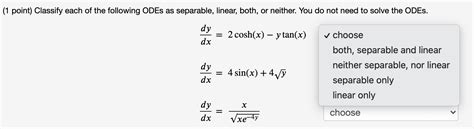 solved 1 point classify each of the following odes as