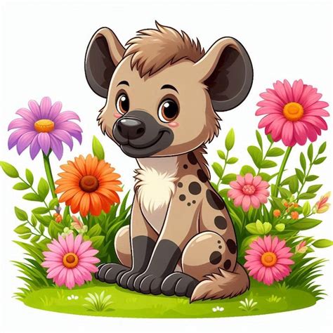 Un Vector De Dibujos Animados De Hiena Sentada En La Hierba Con Flores