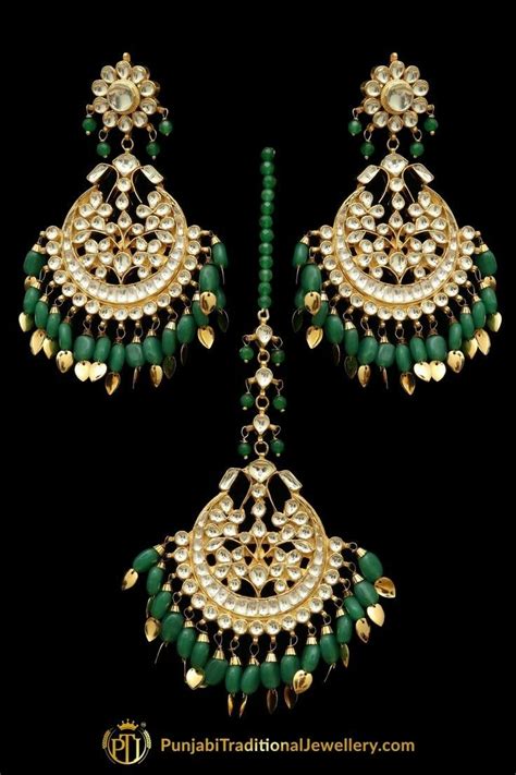 Gold Finished Pippal Patti Pearl Kundan Earrings Tikka Set Punjabi