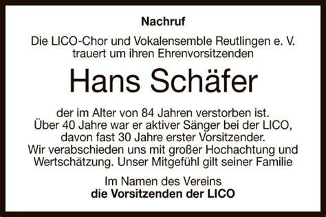 Traueranzeigen von Hans Schäfer trauer gea de