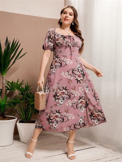 Abertura lateral Nó na gola Busto Ruched Floral Boho Vestido de Tamanho