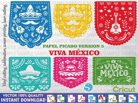 Papel Picado 4 Papel Picado Vector Viva Mexico Ready For Cut Bunting