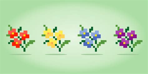 8 Bit Pixels Of Flax Flowers For Cross Stitch Patterns In Vector