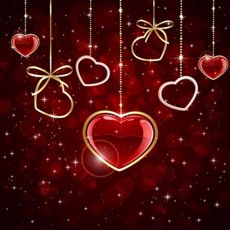 Fondo rojo de san valentín con corazones brillantes colgantes