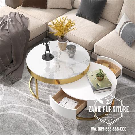 Jual Meja Tamu Marmer Bulat Kaki Stainless Set 2 Meja Kombinasi Laci