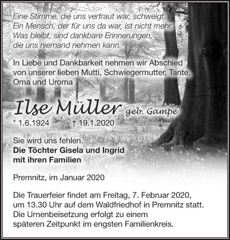 Traueranzeigen von Ilse Müller Märkische Onlinezeitung Trauerportal