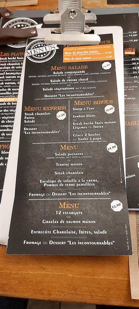 Menu au La belle époque restaurant La Clayette Place des Fossés
