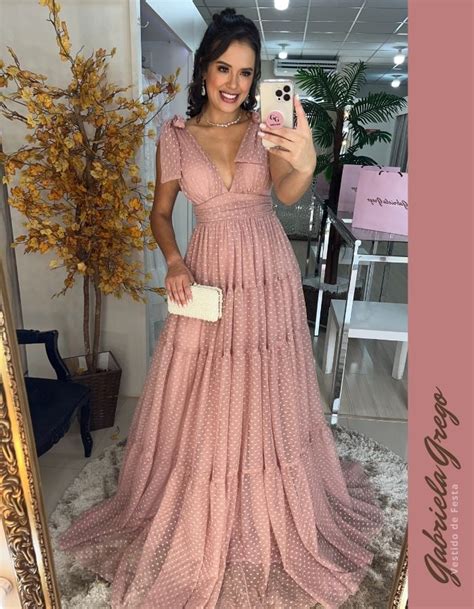 Vestido Longo Rose em Tule Poá Saia Três Marias e Laço no Ombro