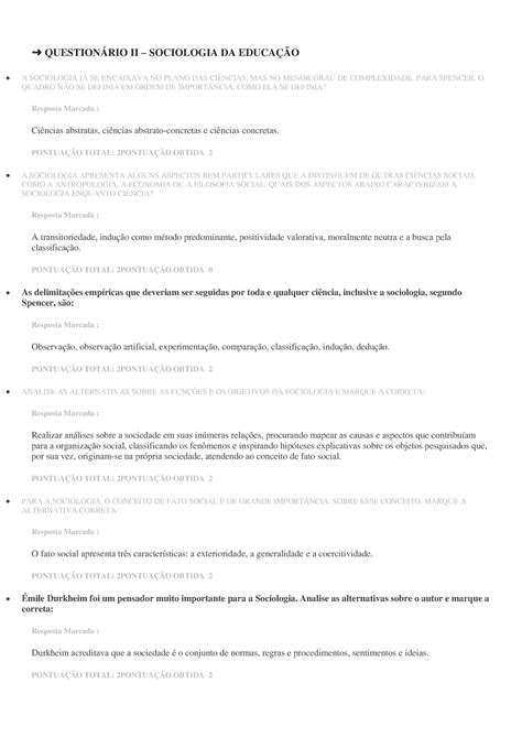 Questionário II Sociologia DA Educação QUESTIONÁRIO II SOCIOLOGIA