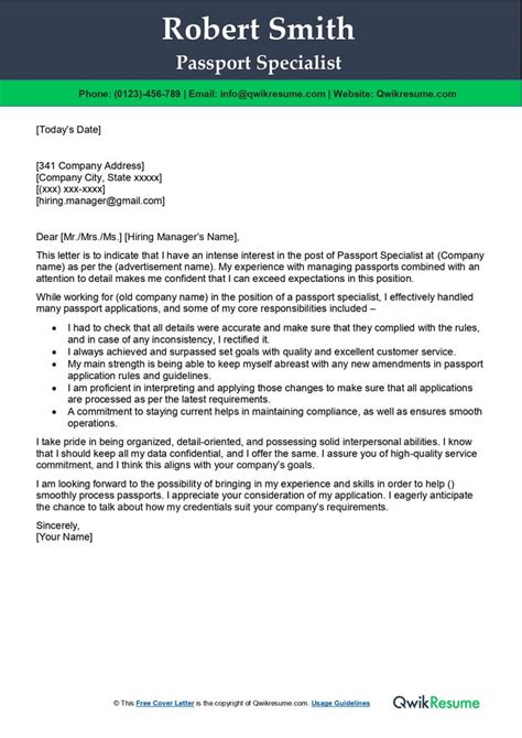 Passport Specialist Cover Letter Examples QwikResume