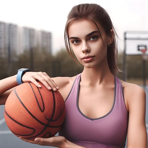 Premium Photo Young Athletic Girl Stands In An Outdoor Sport Stadium Holding A Basketball